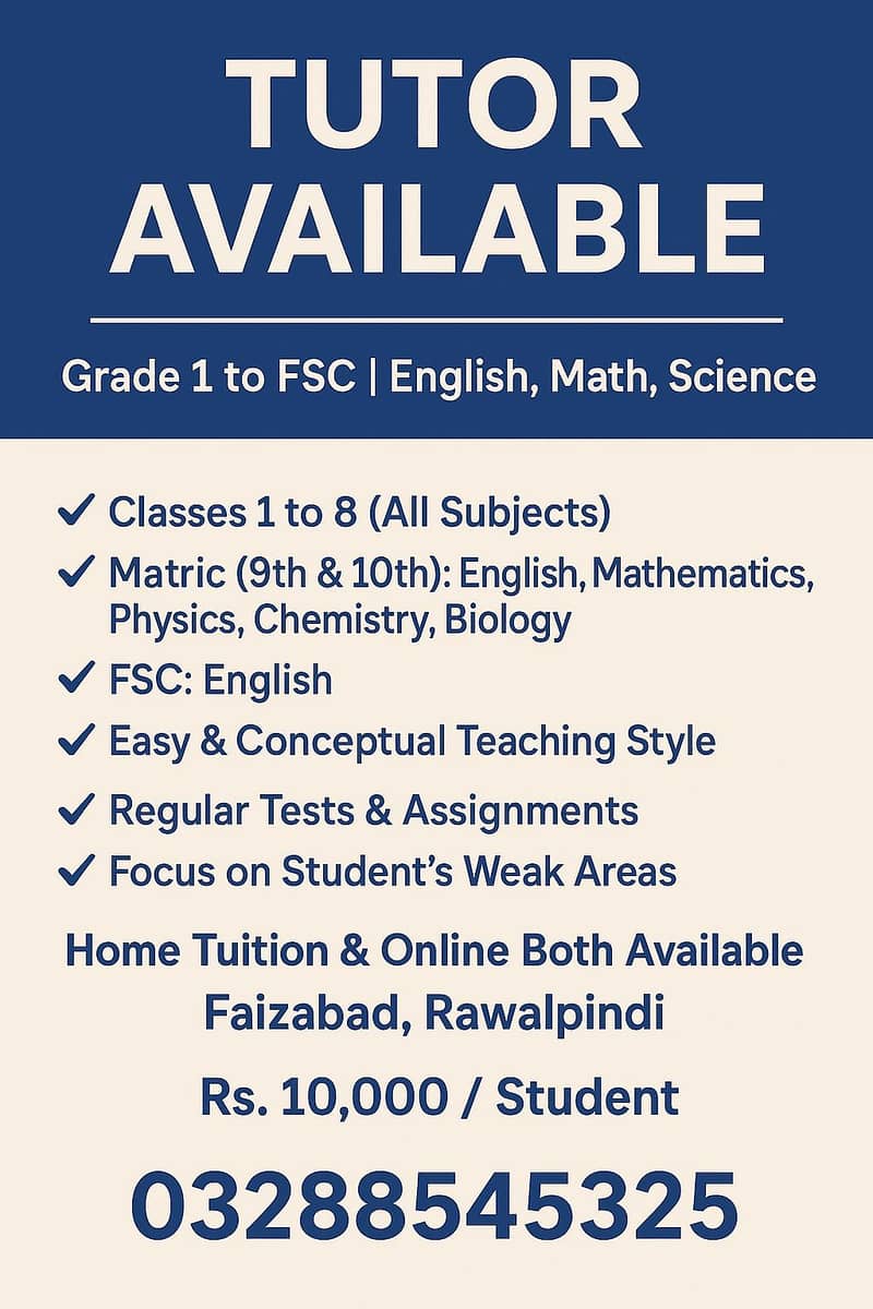 Tutor Available – Grade 1 to FSC | English, Math, Science - Tuitions ...