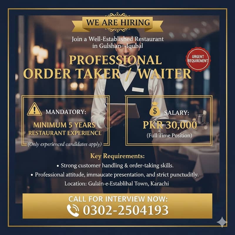 Experienced Order Taker / Waiter Required (Restaurant Job ...