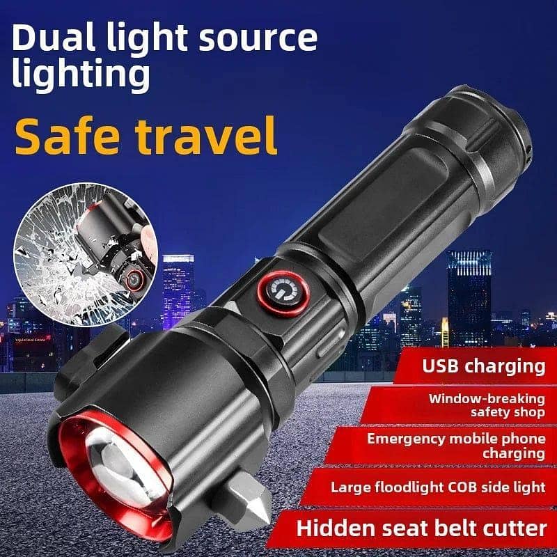 Rechargeable LED Torch Light With Power Bank And Safety Hammer Feature ...