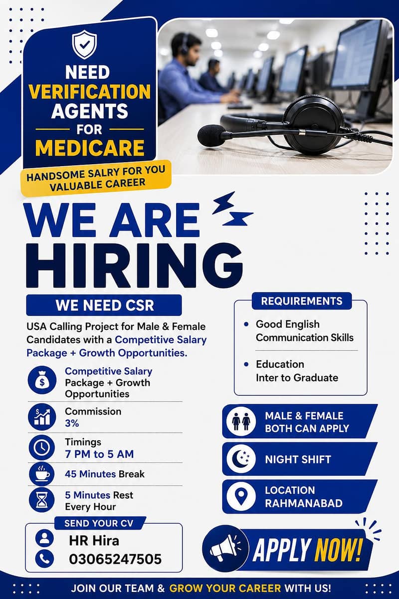 Medicare Verification Agent & CSR | Night Shift | Jobs In Rawalpindi ...