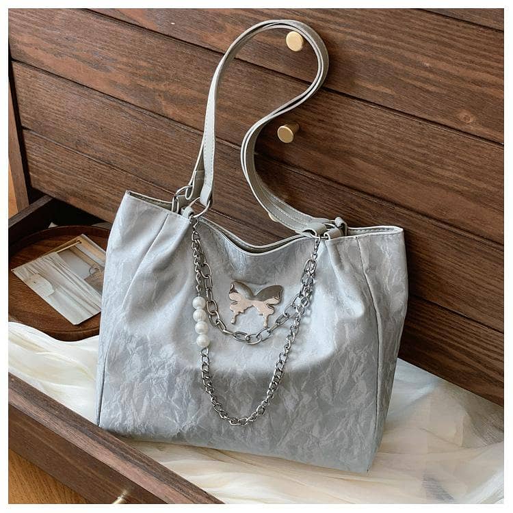 Crinkled Texture Tote Bag with Butterfly Charm & Pearl Chain - Bags ...