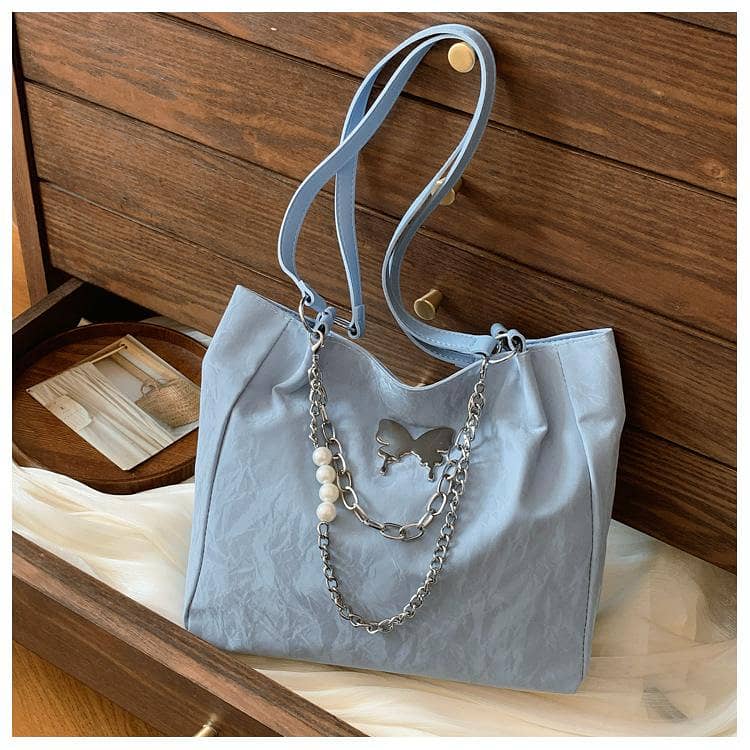 Crinkled Texture Tote Bag with Butterfly Charm & Pearl Chain - Bags ...